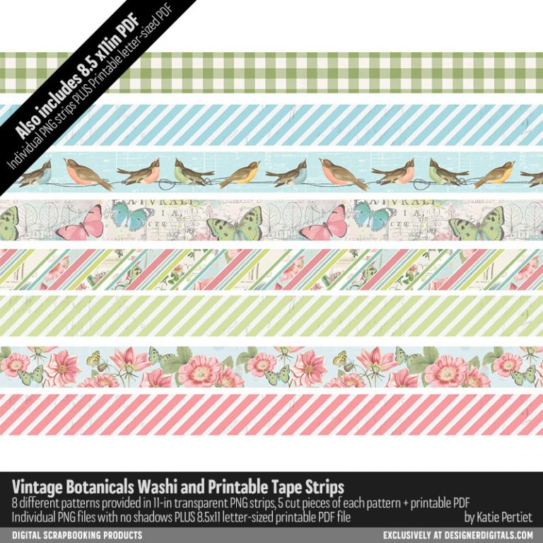 Vintage Botanicals Printable Washi Tape Strips - Katie Pertiet Designs