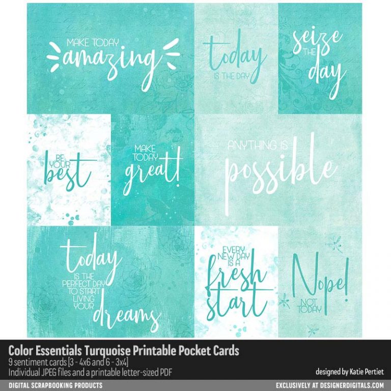 Color Essentials Turquoise Printable Pocket Cards - Katie Pertiet Designs