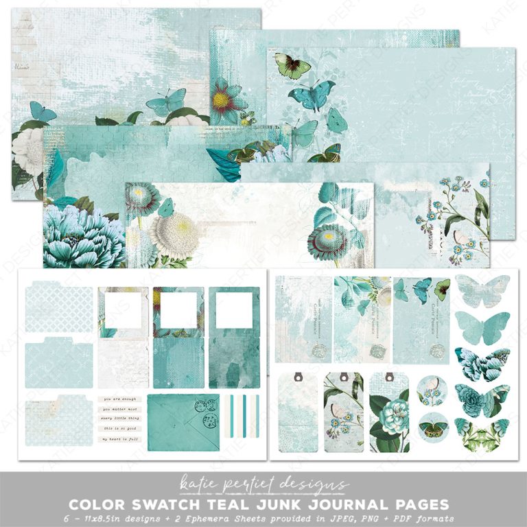 Color Swatch Teal Junk Journal Pages - Katie Pertiet Designs